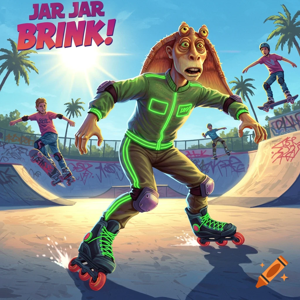 Jar Jar Binks as Brink! rollerblade movie star on Craiyon