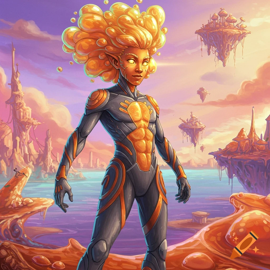 A glowing fantasy character with bubbly orange hair and a dark suit ...