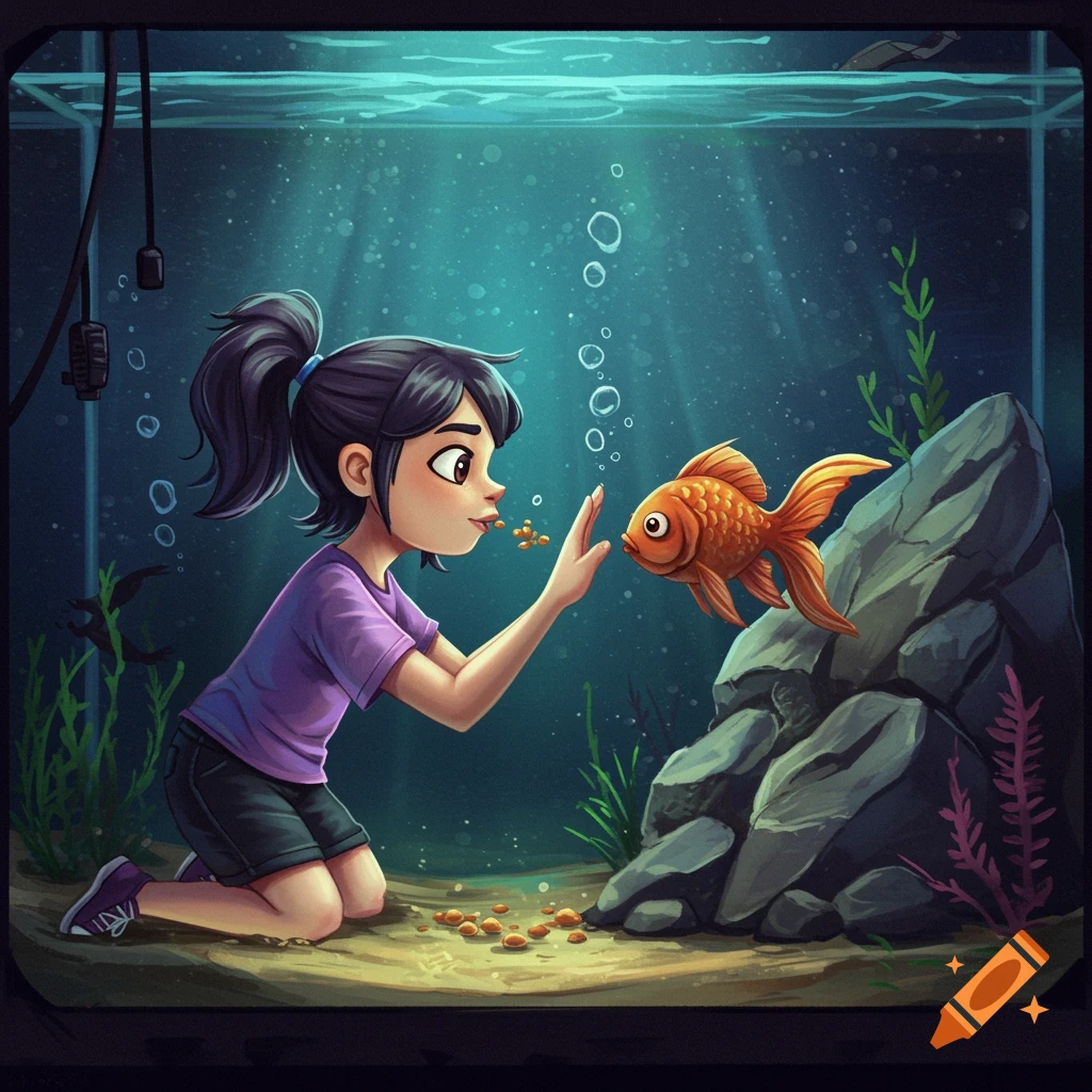 Callie feeding her fish in a tank, fish hiding behind a rock on Craiyon