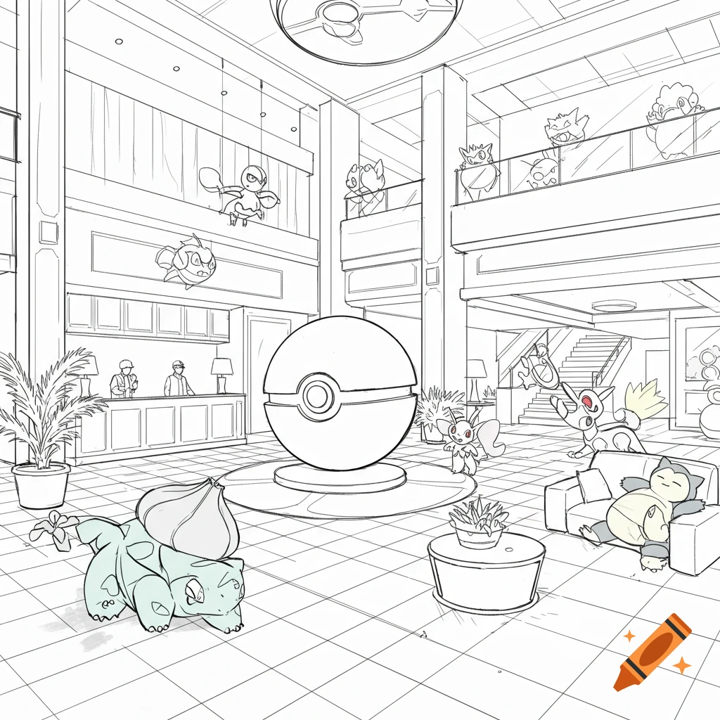 Line sketch of Pokemon characters in a modern hotel lobby with a giant ...