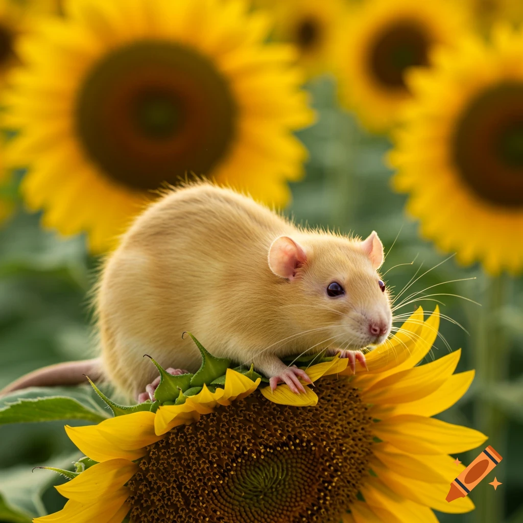 A small rat sits on a large sunflower in a field of sunflowers. on Craiyon