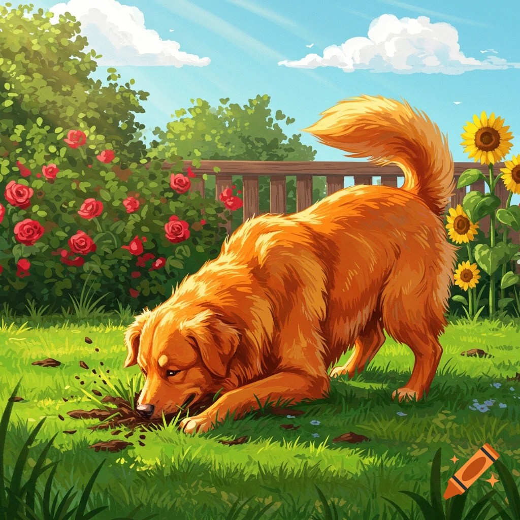 Orange dog digging in yard on Craiyon