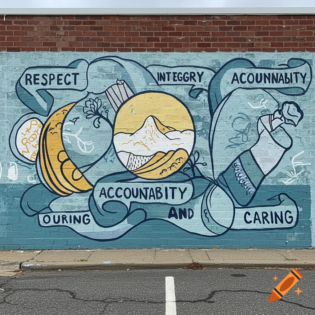 Community mural outline with words Respect, Integrity, Accountability ...
