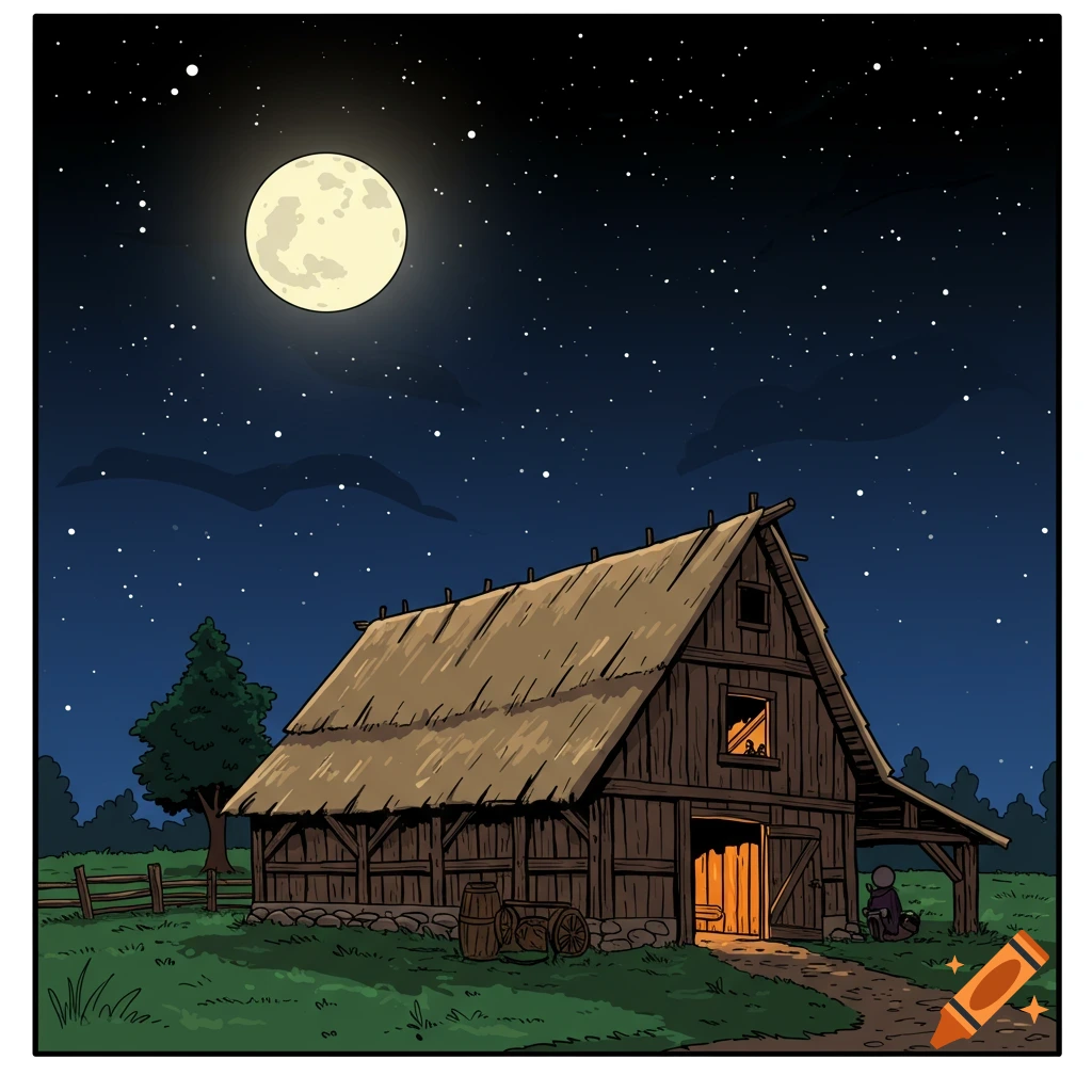 Comic art of a medieval barn at night under a full moon. on Craiyon