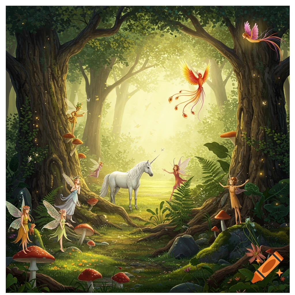 Enchanted forest with fairies and mythical creatures on Craiyon