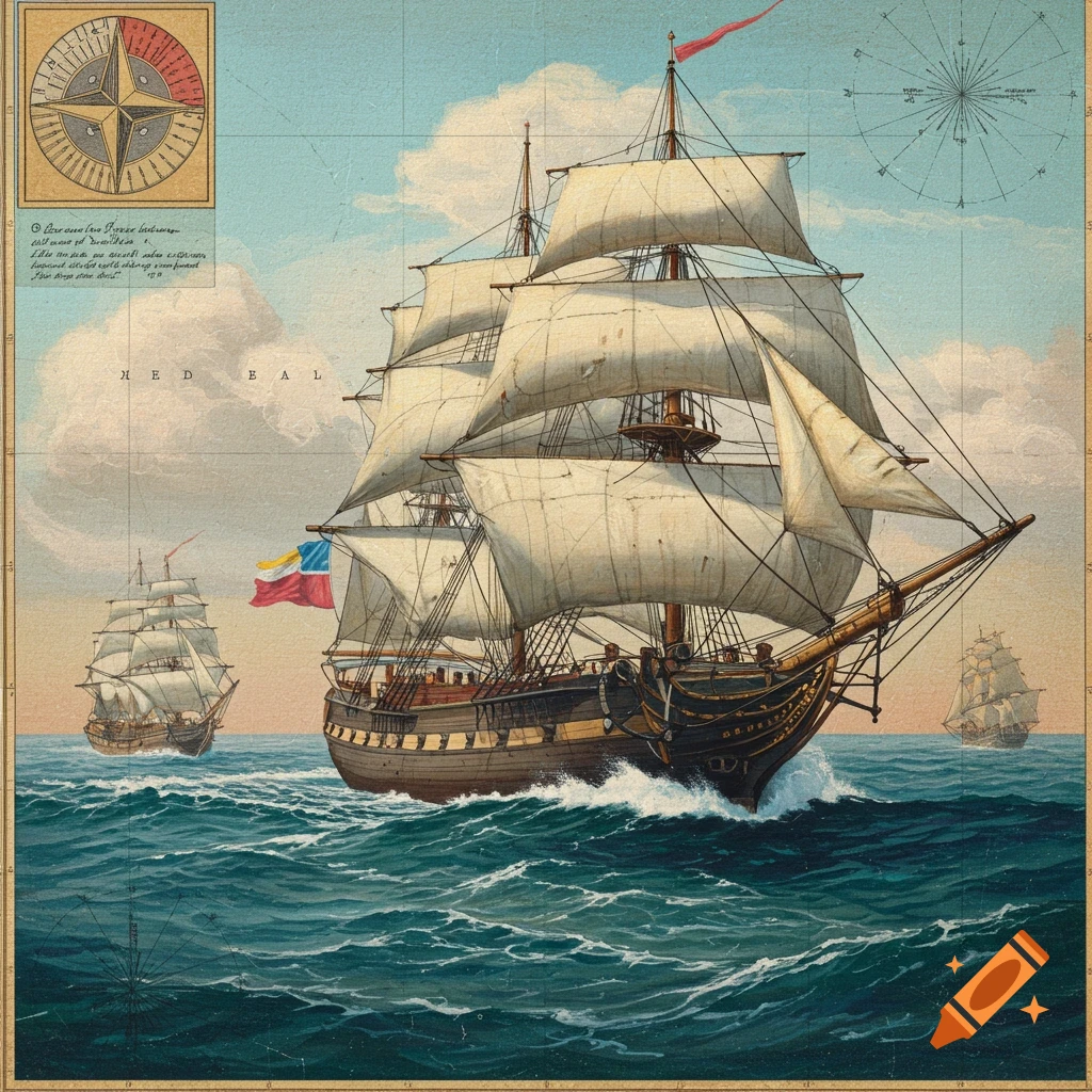 Pirate map with ship and wind rose, line art style on transparent ...