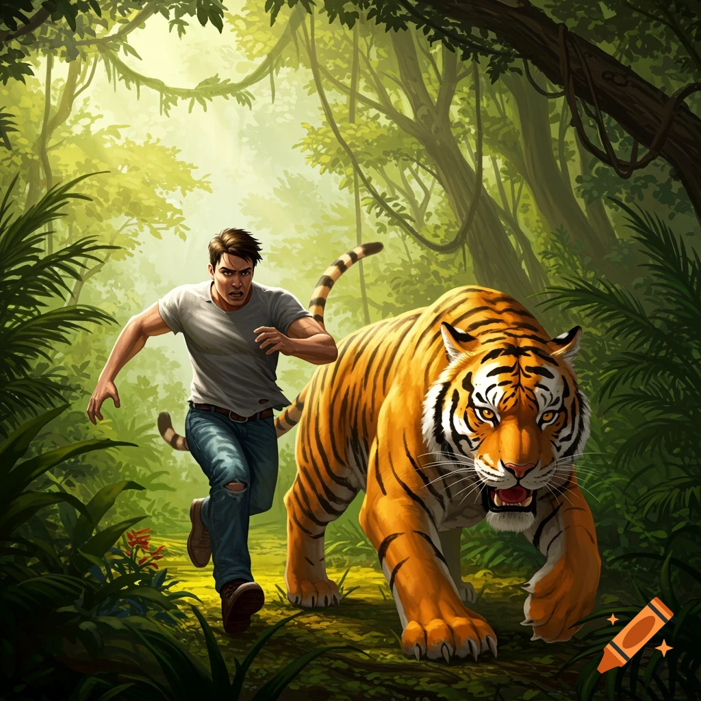 Man running from a tiger on Craiyon