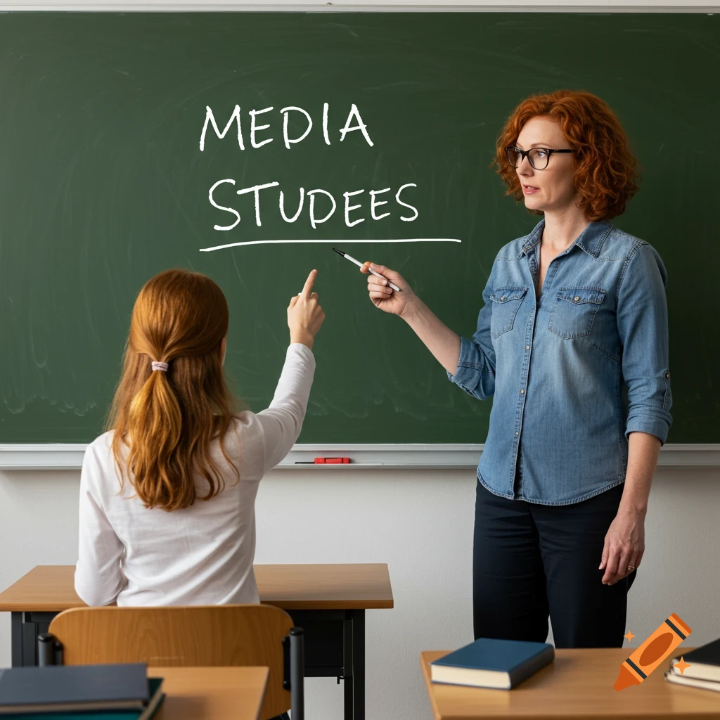 Drawing of a red-haired teacher writing 'media studies' on the board on Craiyon