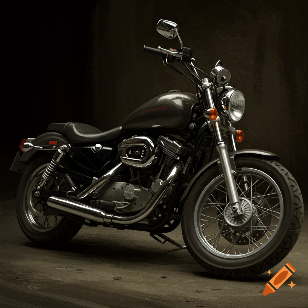 A dark, moody shot of a matte black cruiser motorcycle parked in a gritty gym with a barbell in ...