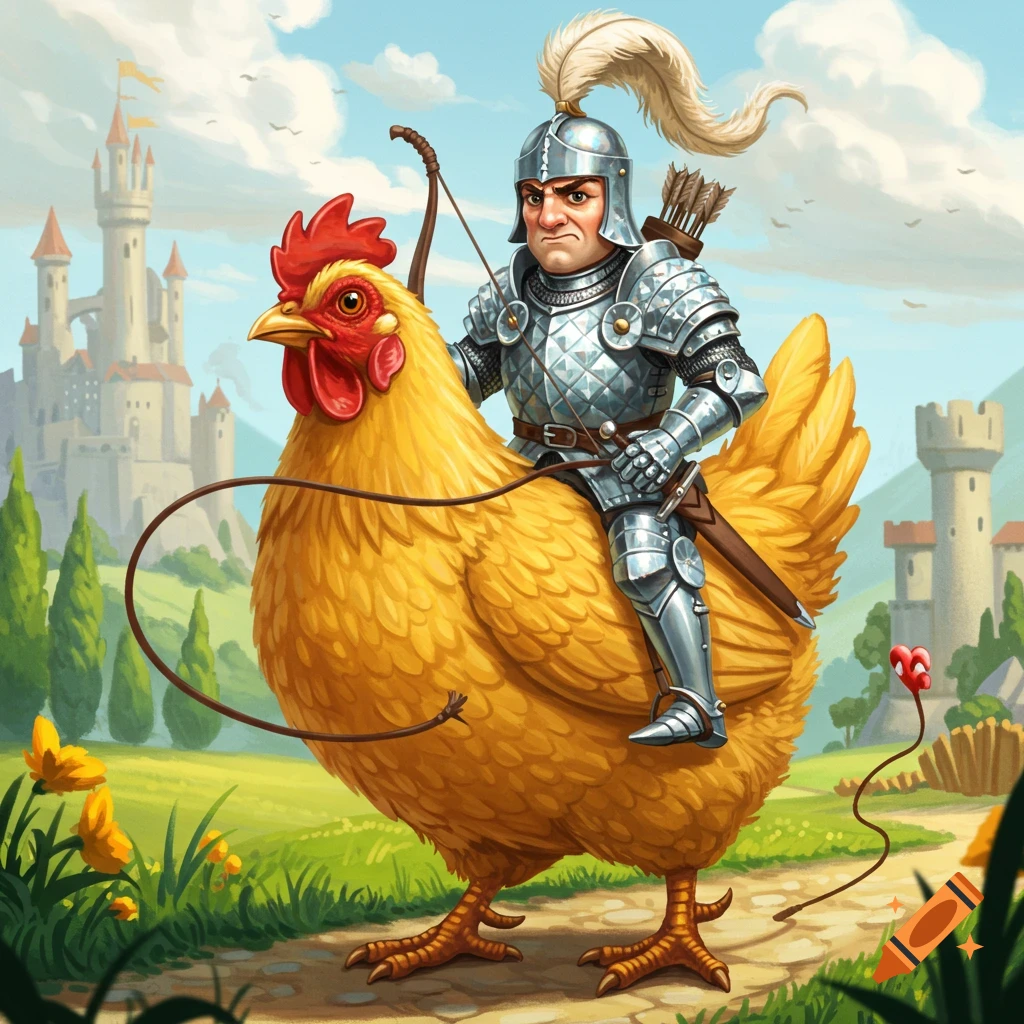 Medieval knight in diamond armor riding a chicken with a bow and arrow ...