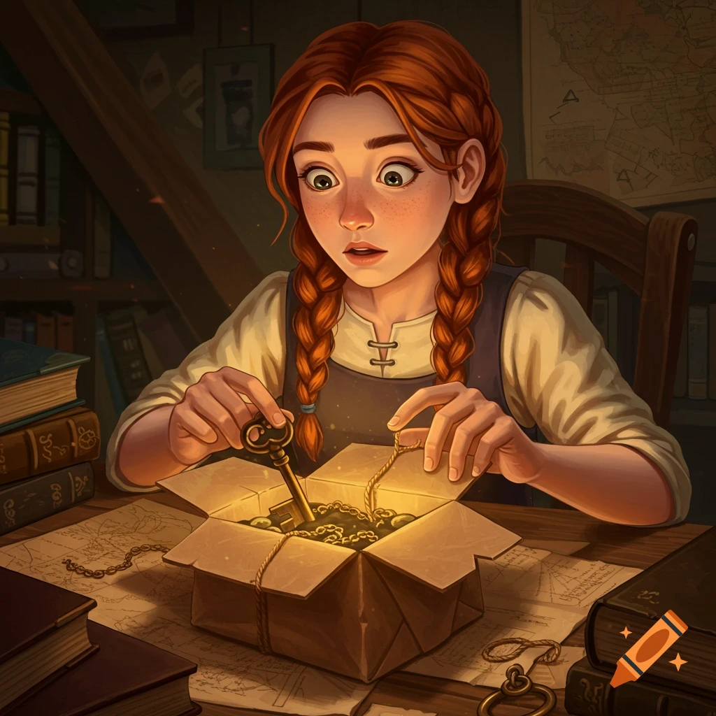 Young female blacksmith with red hair and green eyes in a lit forge on ...