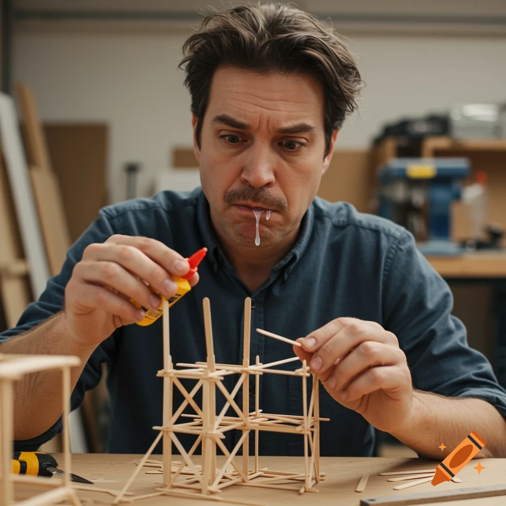 A man building a model with popsicle sticks and glue, with glue ...