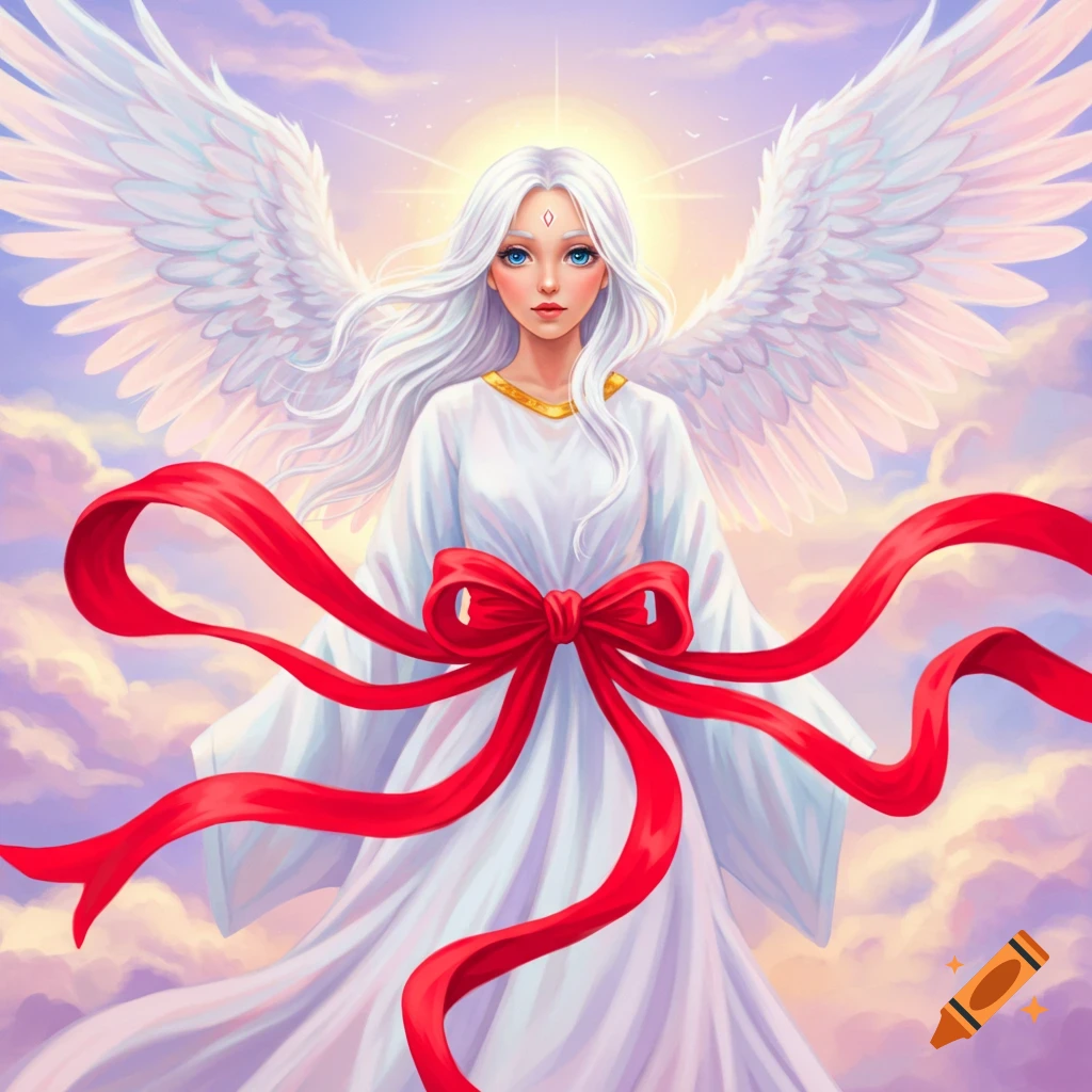 An angel with white wings and a large red ribbon bow against a cloudy ...
