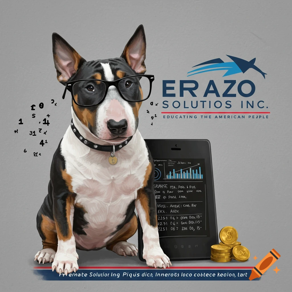 Intelligent bull terrier with glasses next to Erazo Solutions Inc logo ...