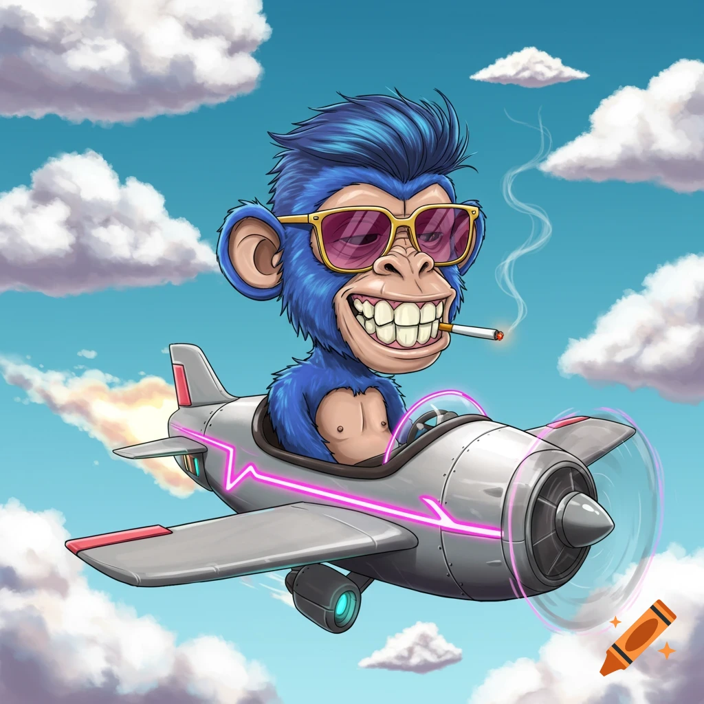 Blue monkey wearing sunglasses smoking and driving an airplane on Craiyon