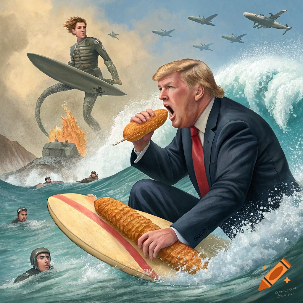 Surreal painting of Donald Trump surfing a corndog and eating one, with ...