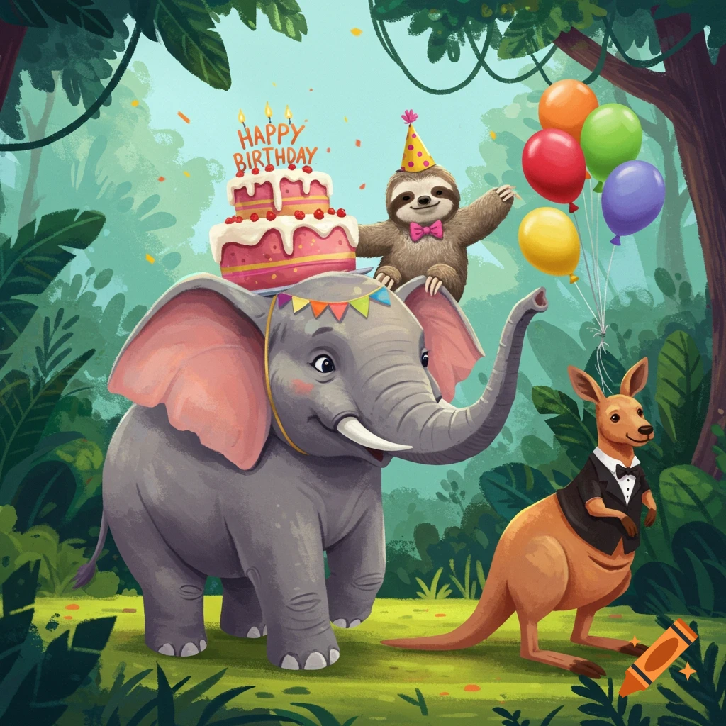 Elephant, sloth, and kangaroo at a birthday party on Craiyon