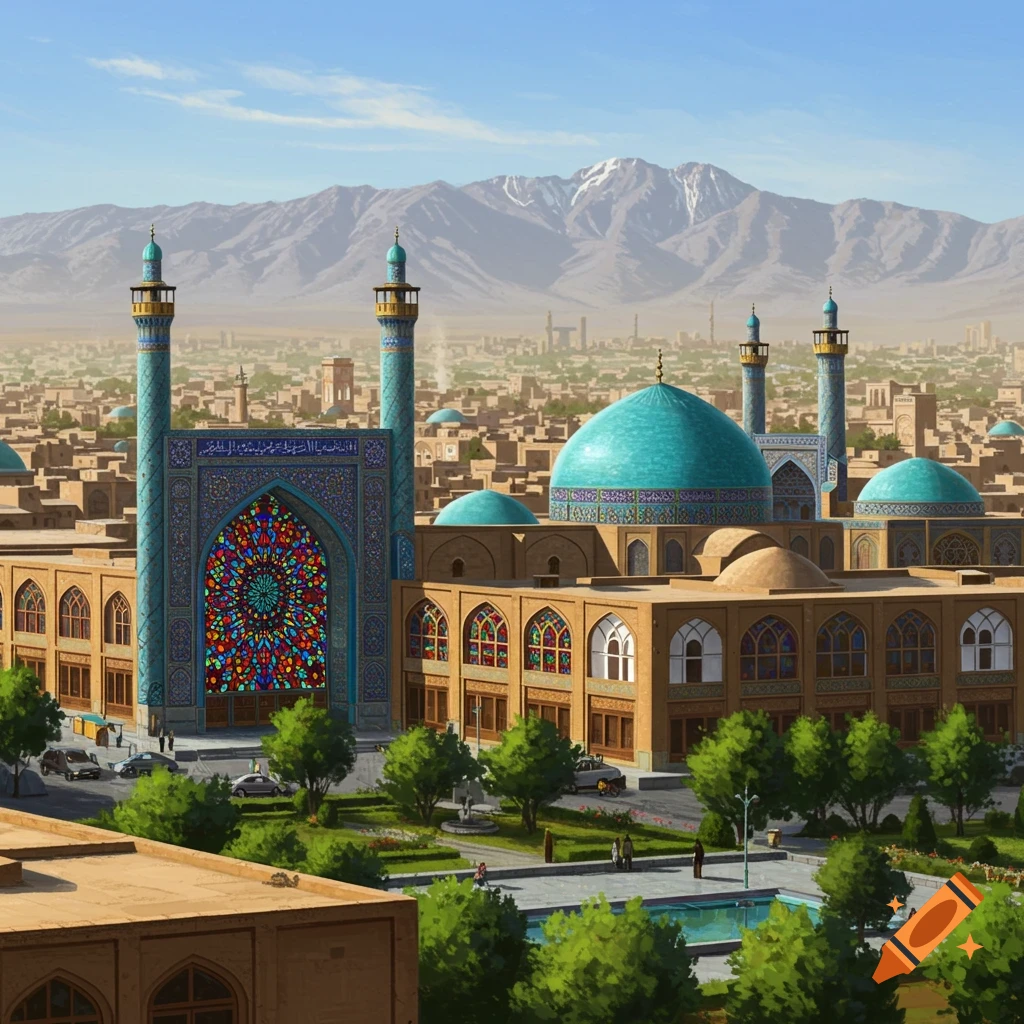 Samand car in front of Iran Khodro building with a horse on Craiyon