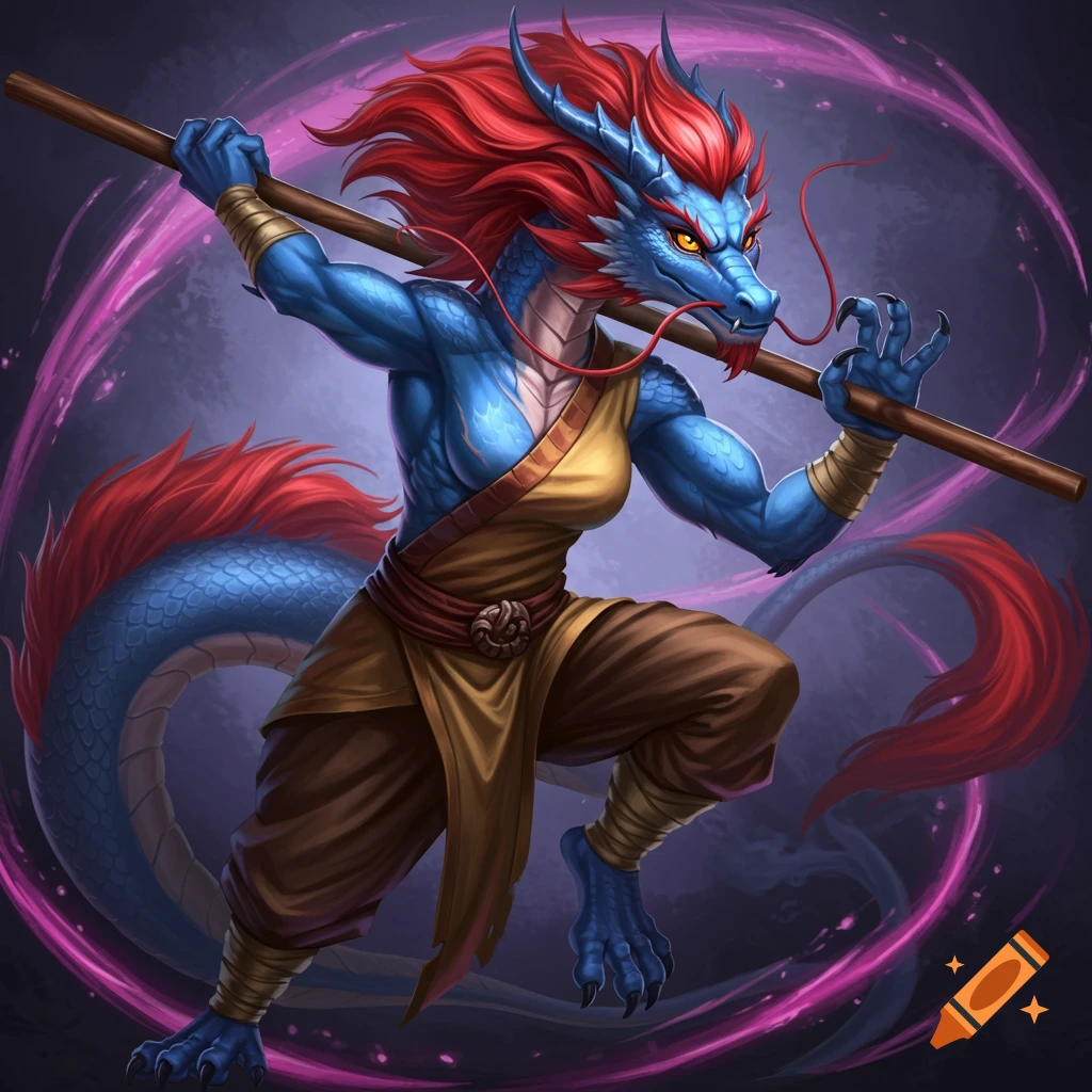 Blue female kung-fu dragon with red mane and staff on Craiyon