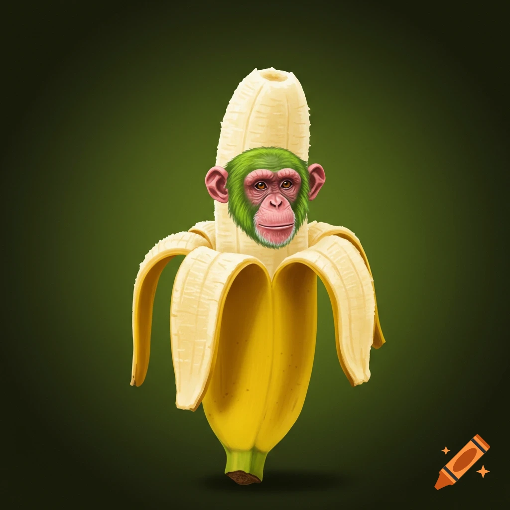 A chimpanzee head with green fur emerges from a peeled banana. on Craiyon