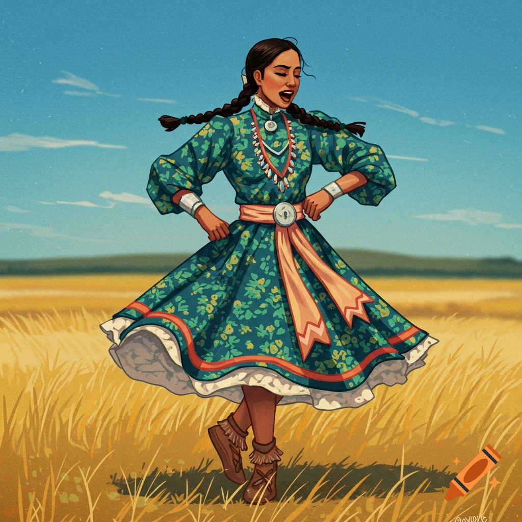 Metis dancer in traditional dress with floral pattern and sash on Craiyon