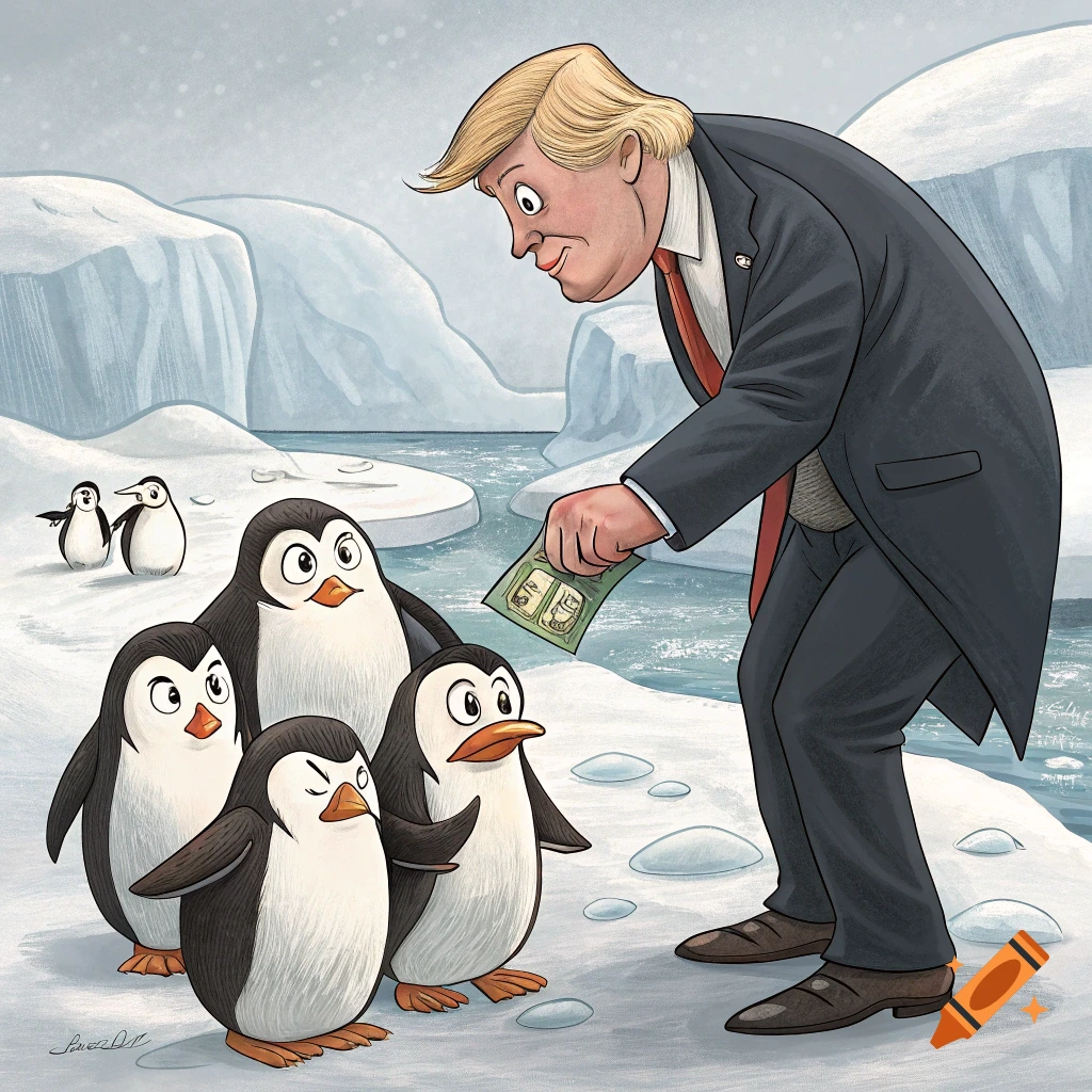 Illustration of Donald Trump arguing and pointing at three penguins in ...