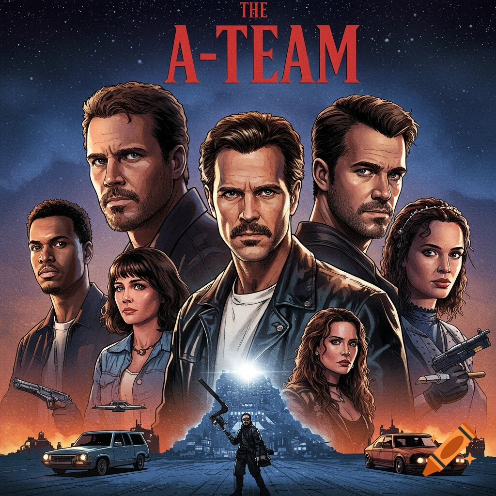 80s action movie poster featuring diverse group of people, A-Team and X ...
