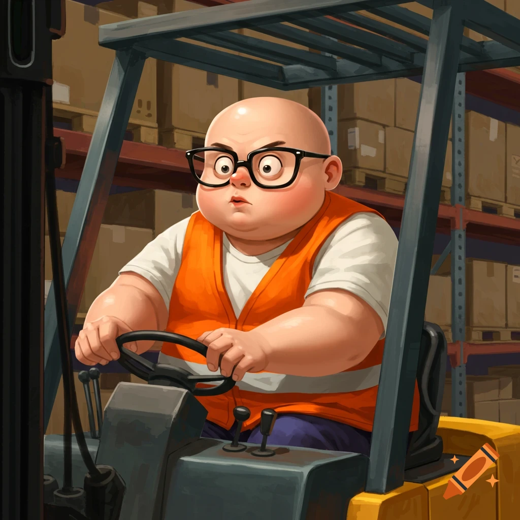 Man standing next to a red forklift in a warehouse illustration. on Craiyon