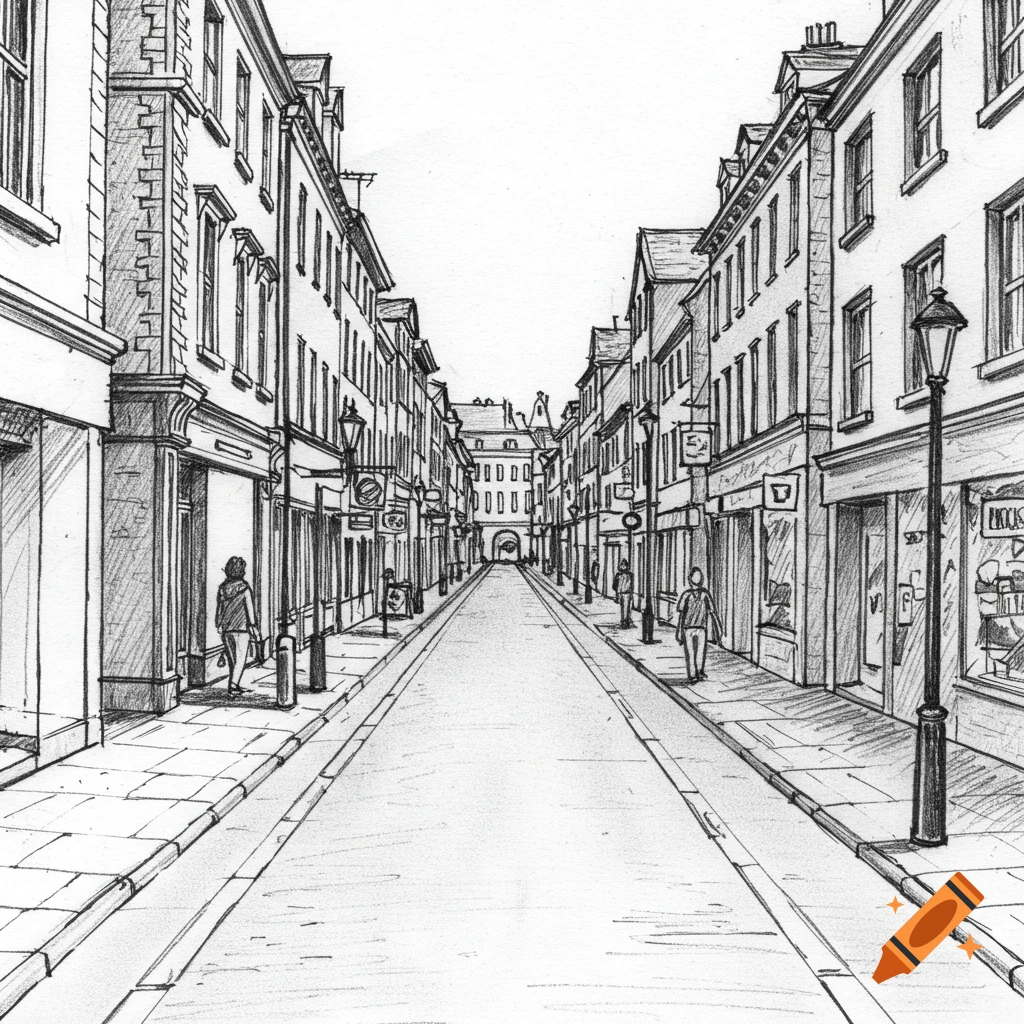 Hand-drawn one-point street perspective in black and white pencil on ...