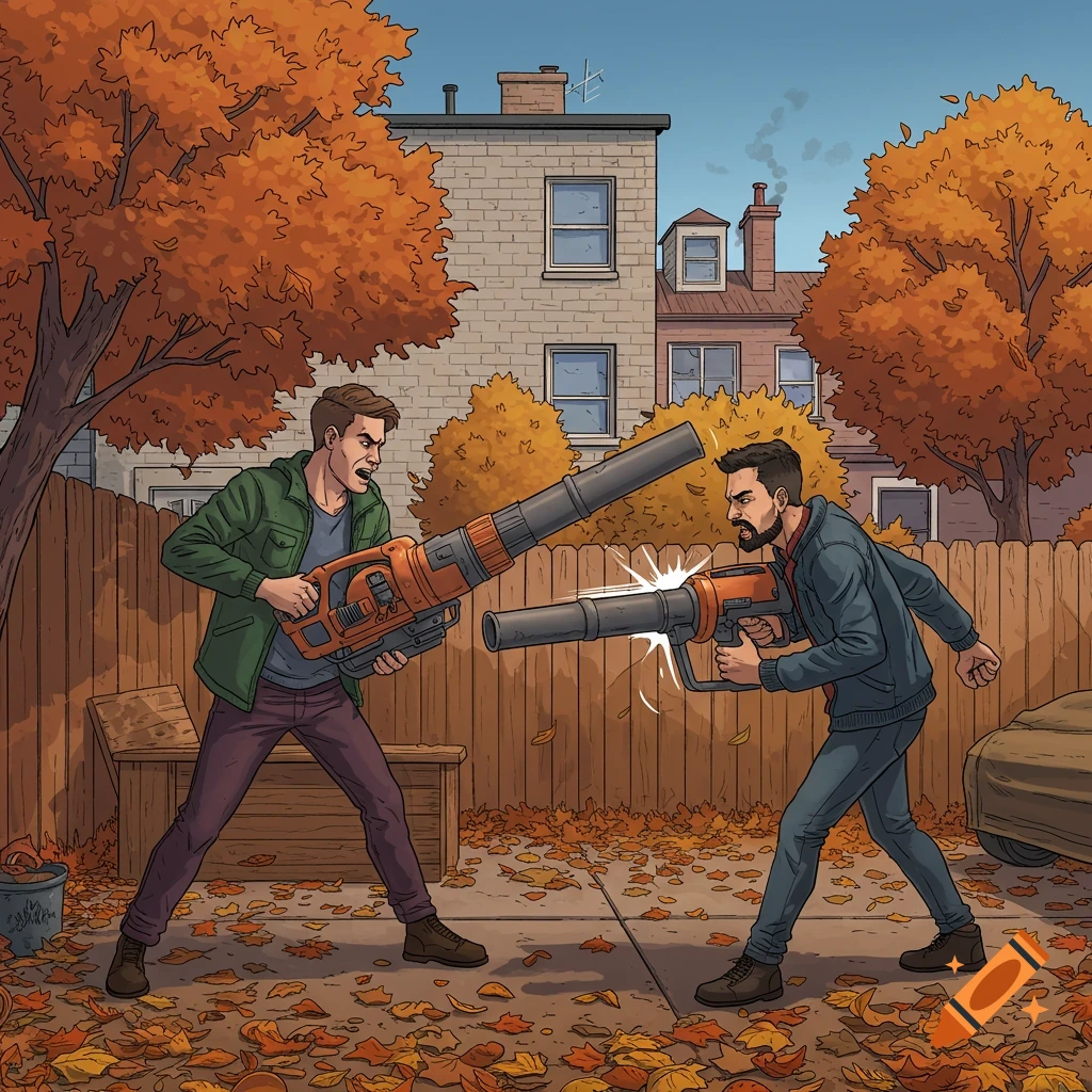 Comic book style image of men battling with windblowers in an urban ...