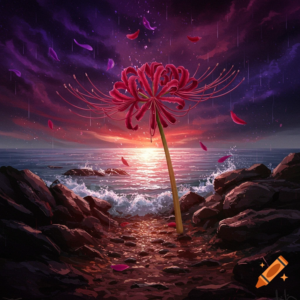 Bruises forming flower painting with red spider lily petals, ocean ...