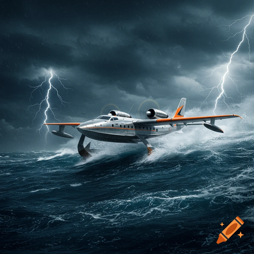 Dramatic illustration of a hydrofoil plane flying through a storm with ...