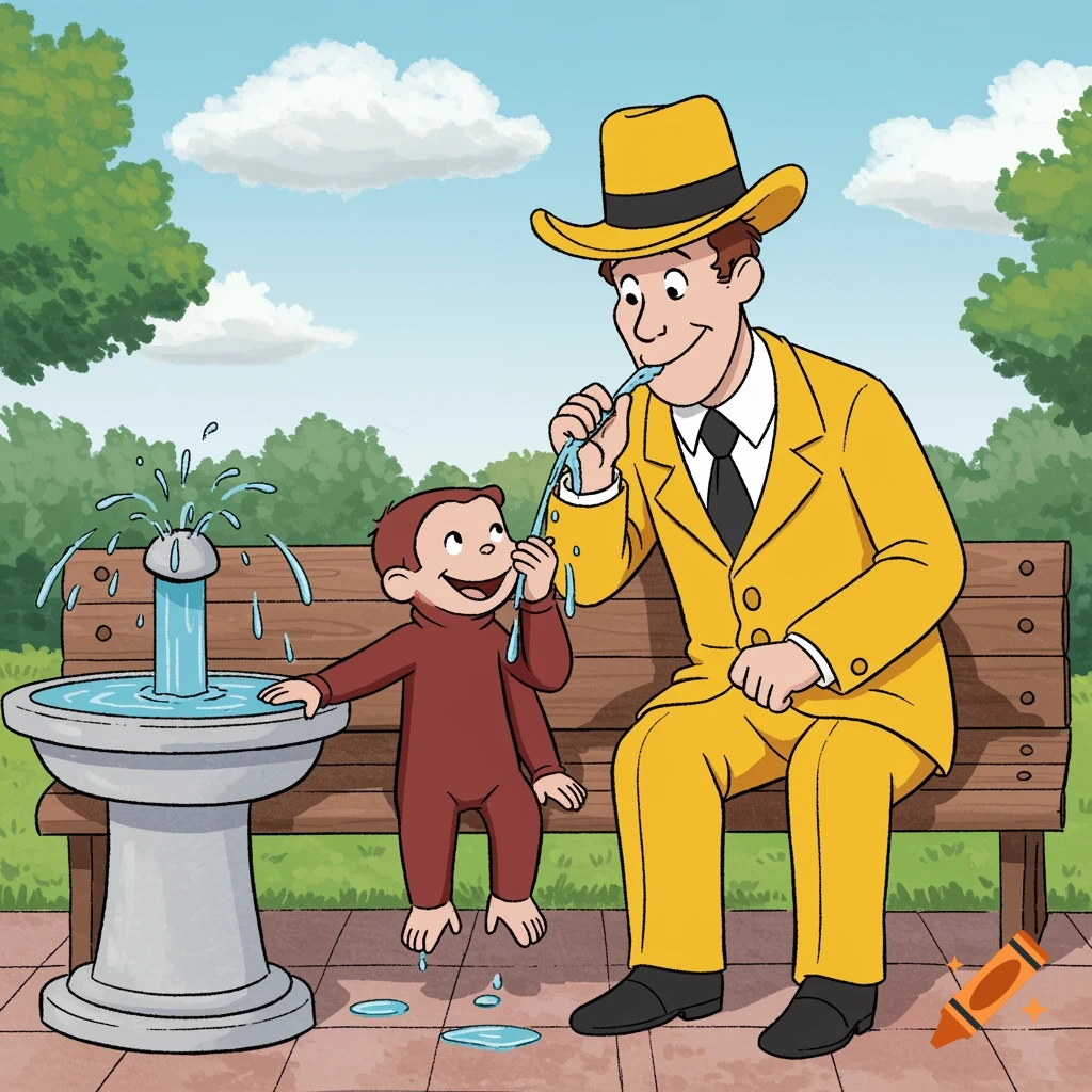 Curious George and the Man with the Yellow Hat at a fountain in a ...