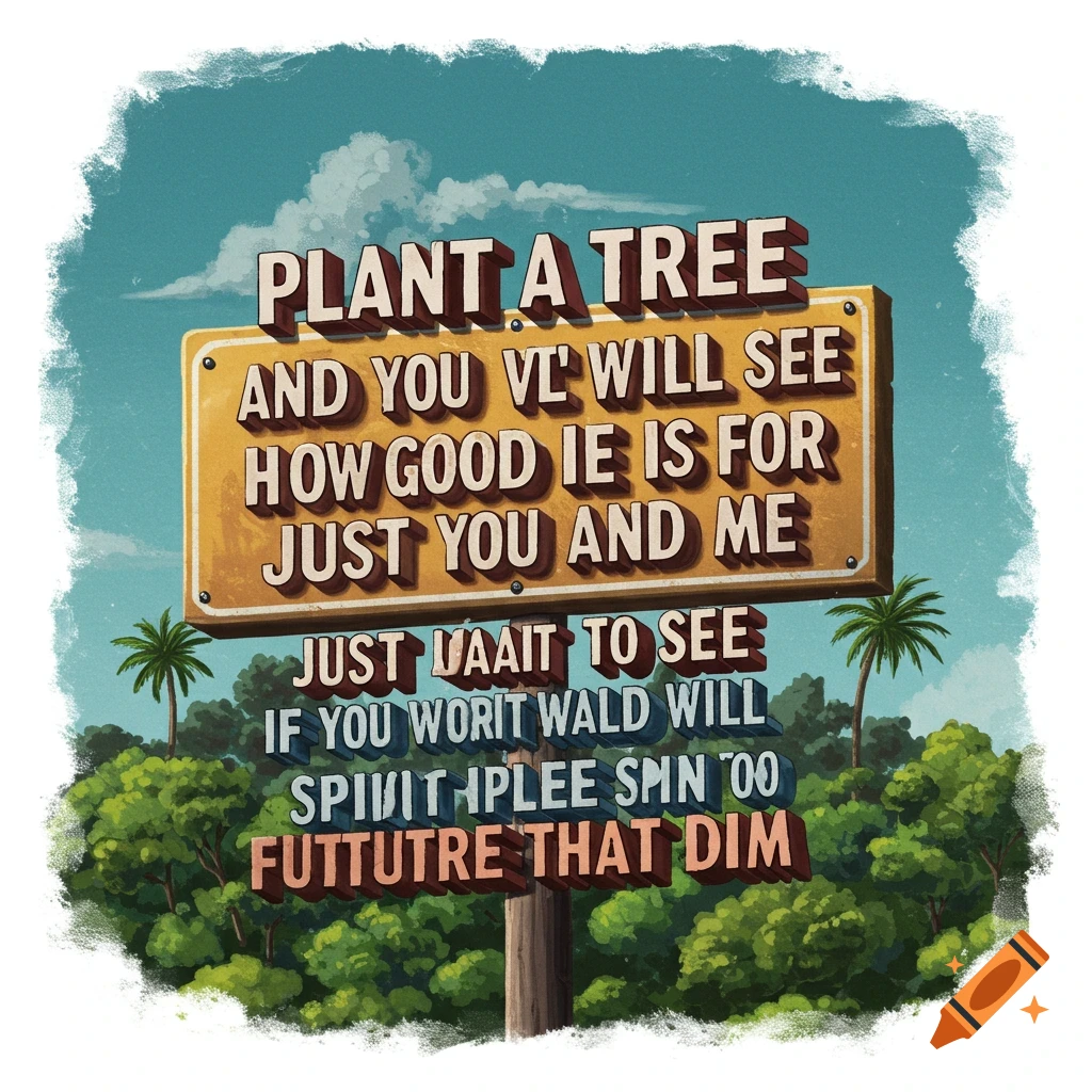 3D sign reading 'Plant a tree and you will see how good it is for you ...
