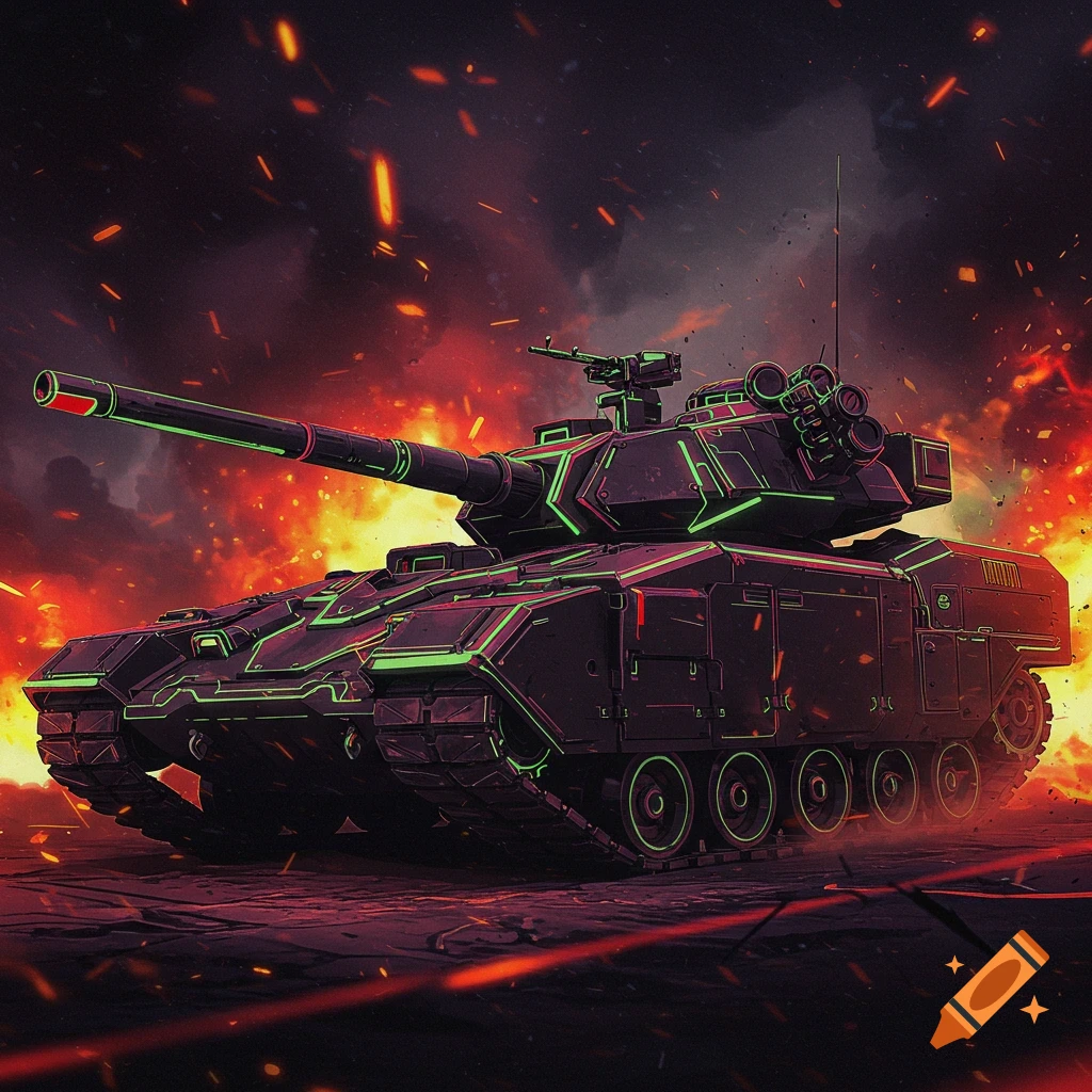 A dark, futuristic tracked vehicle blending CyberTruck design with a ...
