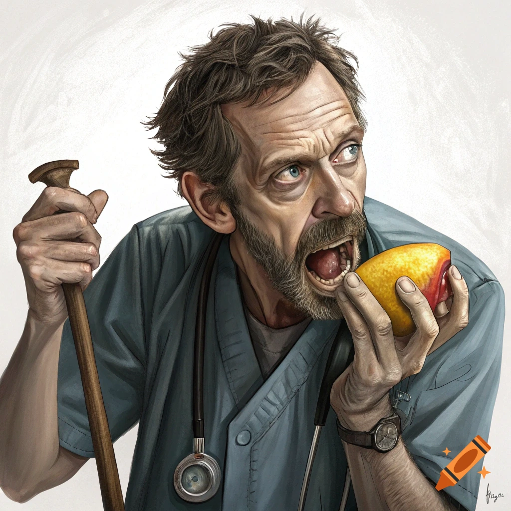 Dr. House eating a mango with a scary face on Craiyon