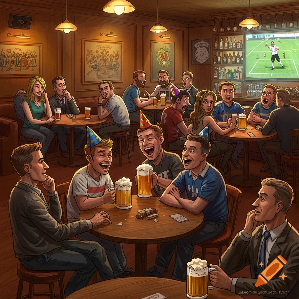 Bar scene with tables of people: regulars, bachelor party, sports fans ...