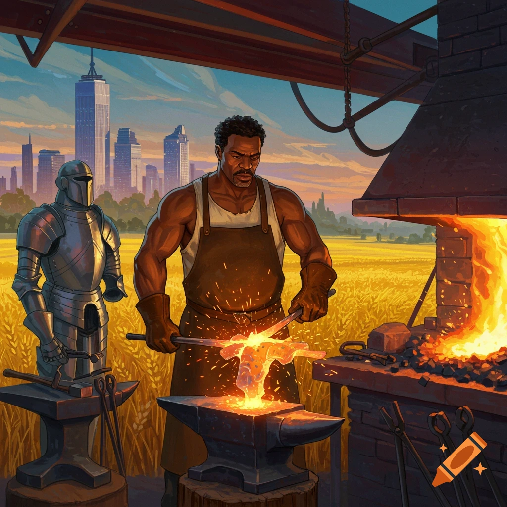 Blacksmith forging armor in a symbolic representation of America on Craiyon