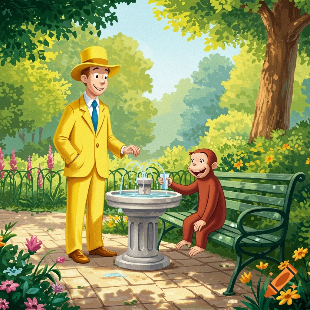 Curious George and the Man with the Yellow Hat at a fountain on Craiyon