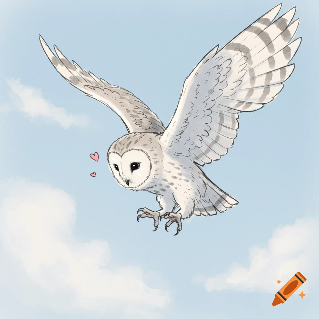 A sketch of a barn owl flying downwards in a cloudy blue sky with two ...