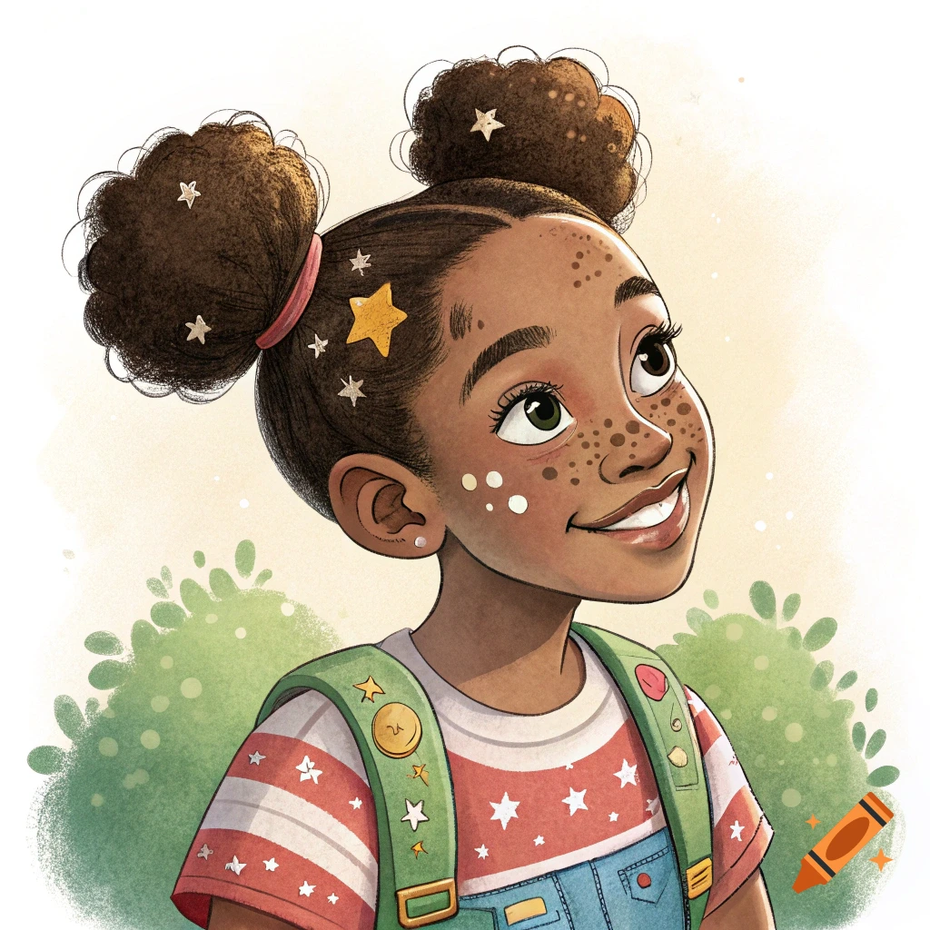 Illustrated portrait of a young girl with space buns and vitiligo wearing a backpack, looking up ...