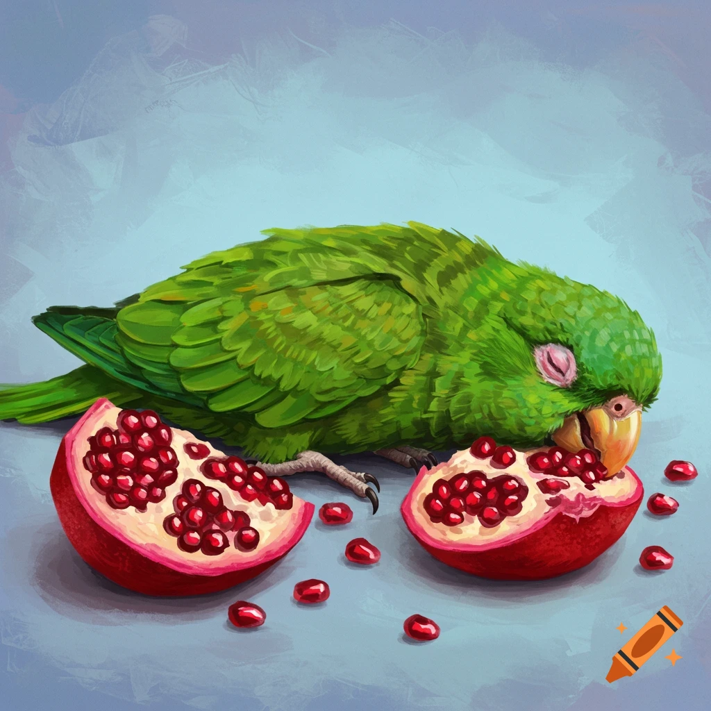 A green parrot is eating a pomegranate on Craiyon