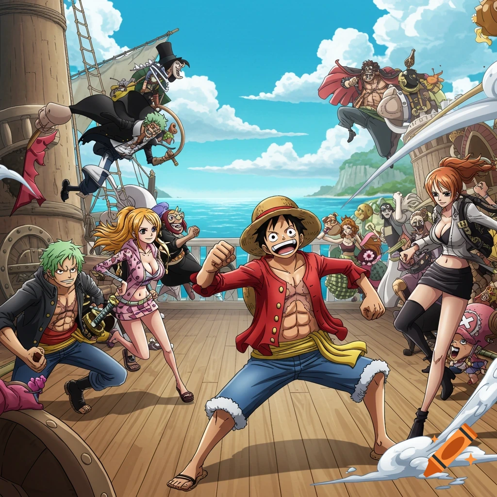 Luffy in Gear 5 form floats above a Japanese city skyline with Mount ...