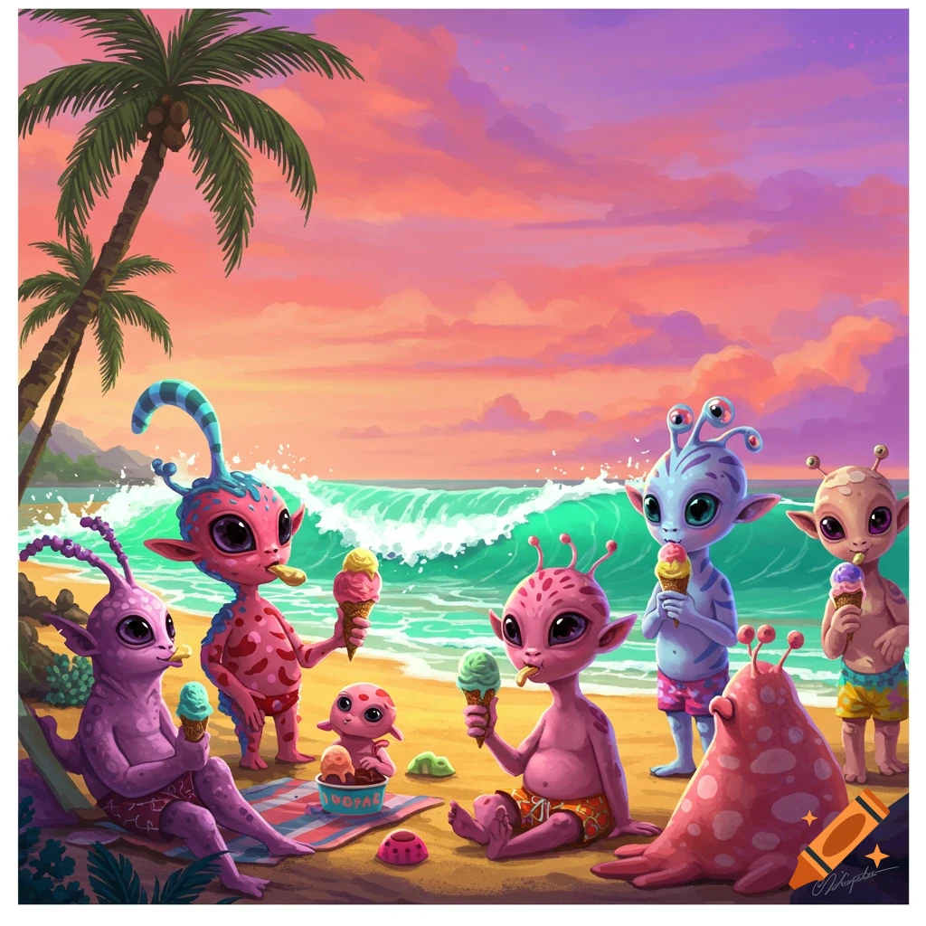 Cartoon monsters play on a tropical island beach at sunset. on Craiyon