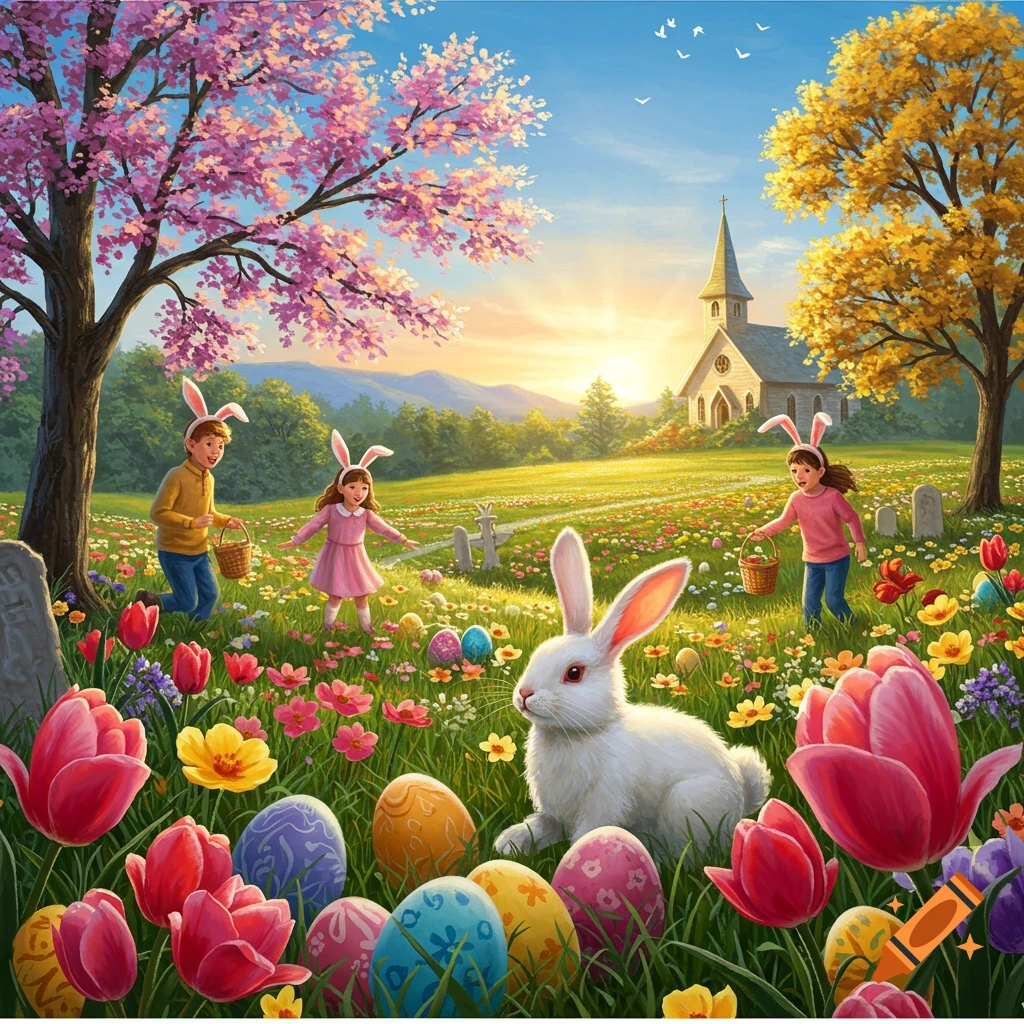 An Easter scene with children, a bunny, and colorful eggs in a field ...