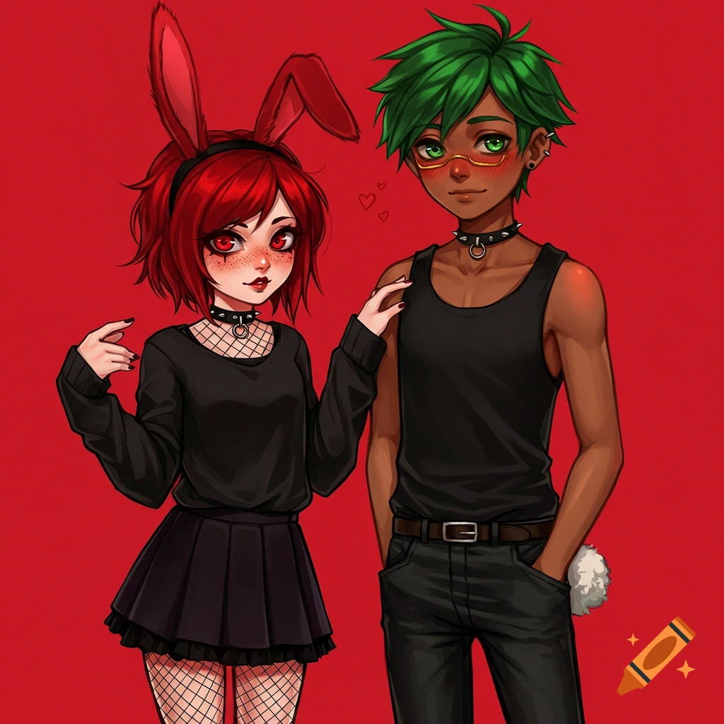 Emo-style girl with red rabbit ears next to a tall boy with green hair ...