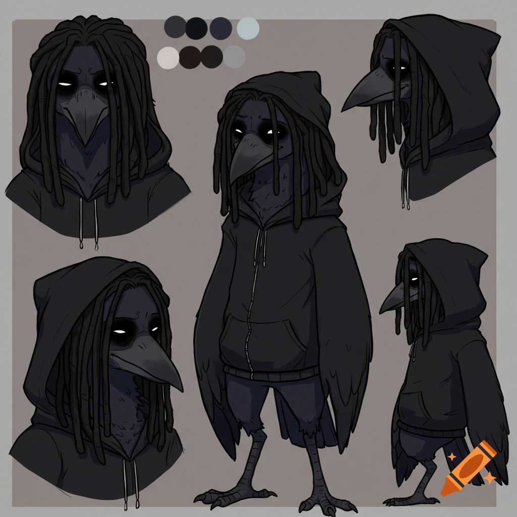 Character design sheet for a cartoon anthropomorphic crow in a black ...