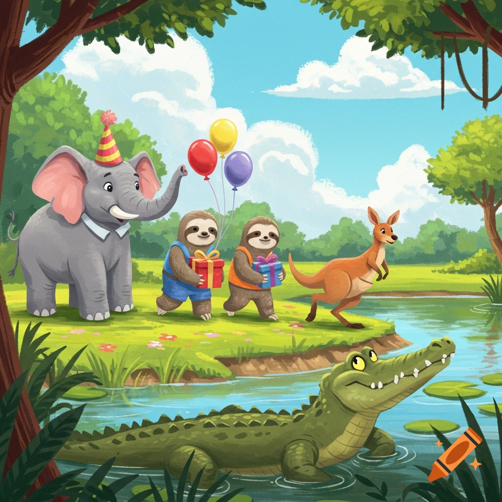 Elephant, sloth, and kangaroo encounter alligator en route to birthday ...