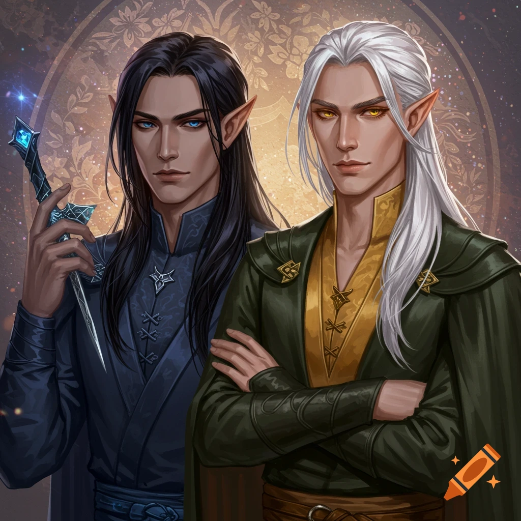 Digital painting of a man and a woman with dark hair against a warm ...