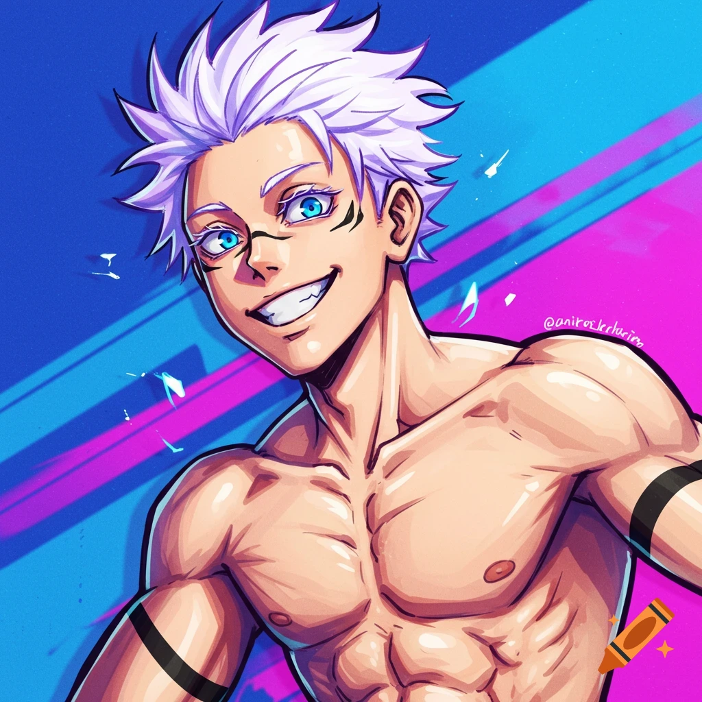 Anime guy with white hair, blue eyes, and muscular build on Craiyon